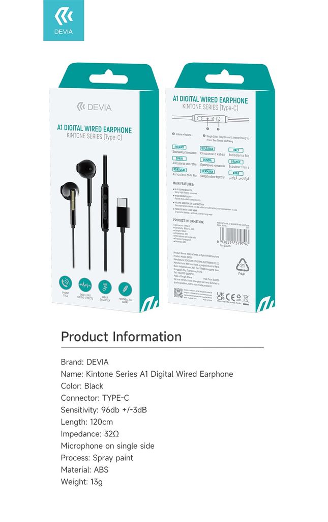 Devia Kintone A1 Hörlurar Trådade USB-C - Vit - Teknikdelar.se